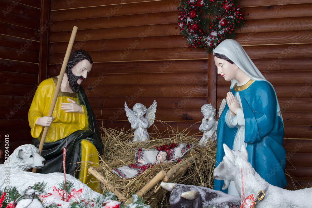 Christmas nativity scene Joseph and Mary with Jesus in the cradle ...