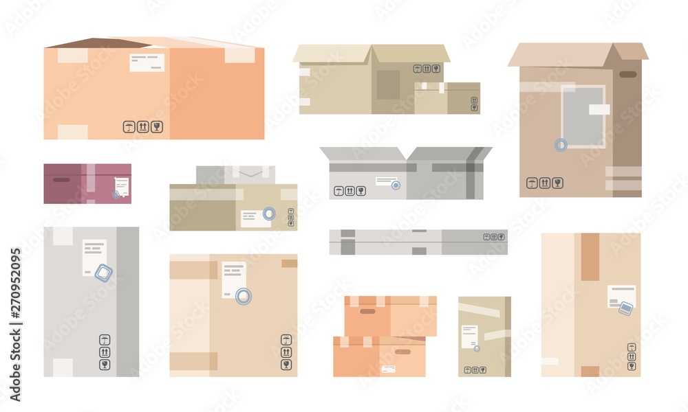 Flat cardboard boxes. Carton warehouse packs, 3D cargo packages ...