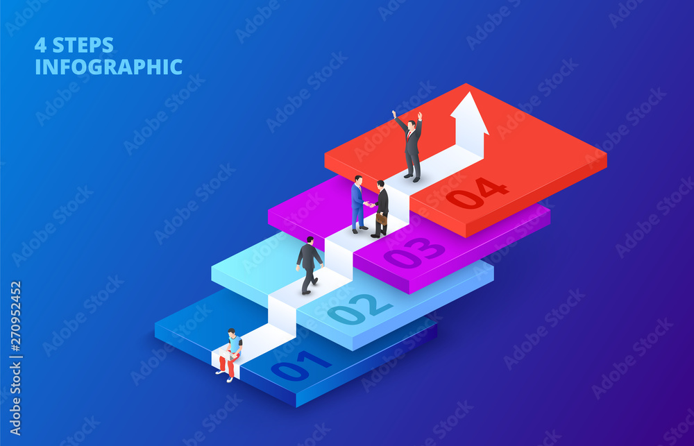 Vector isometric stairs with people infographic on a dark blue ...