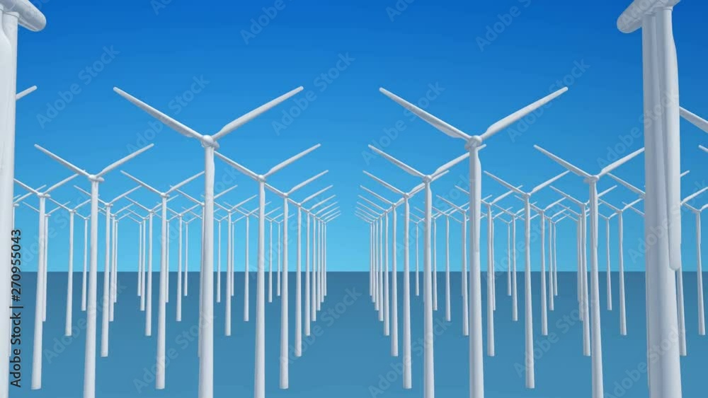 Colorful cartoon working wind turbines isolated on blue background ...