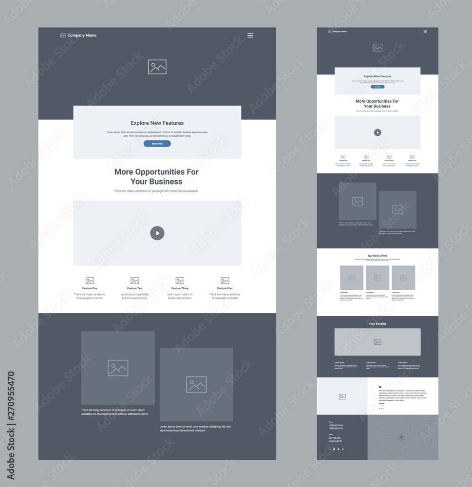 One page website design template for business. Landing page wireframe ...