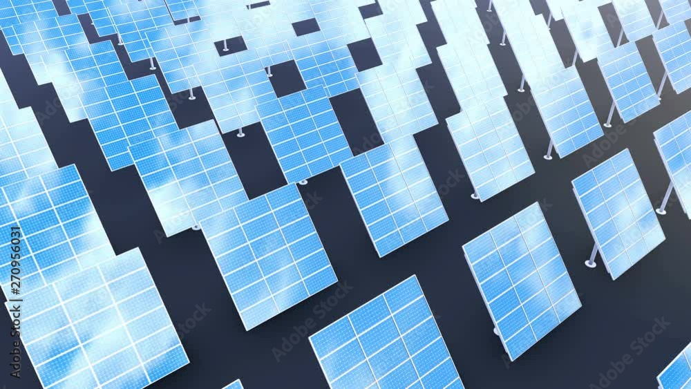 Solar battery panel modules with reflection of sky and clouds on ...
