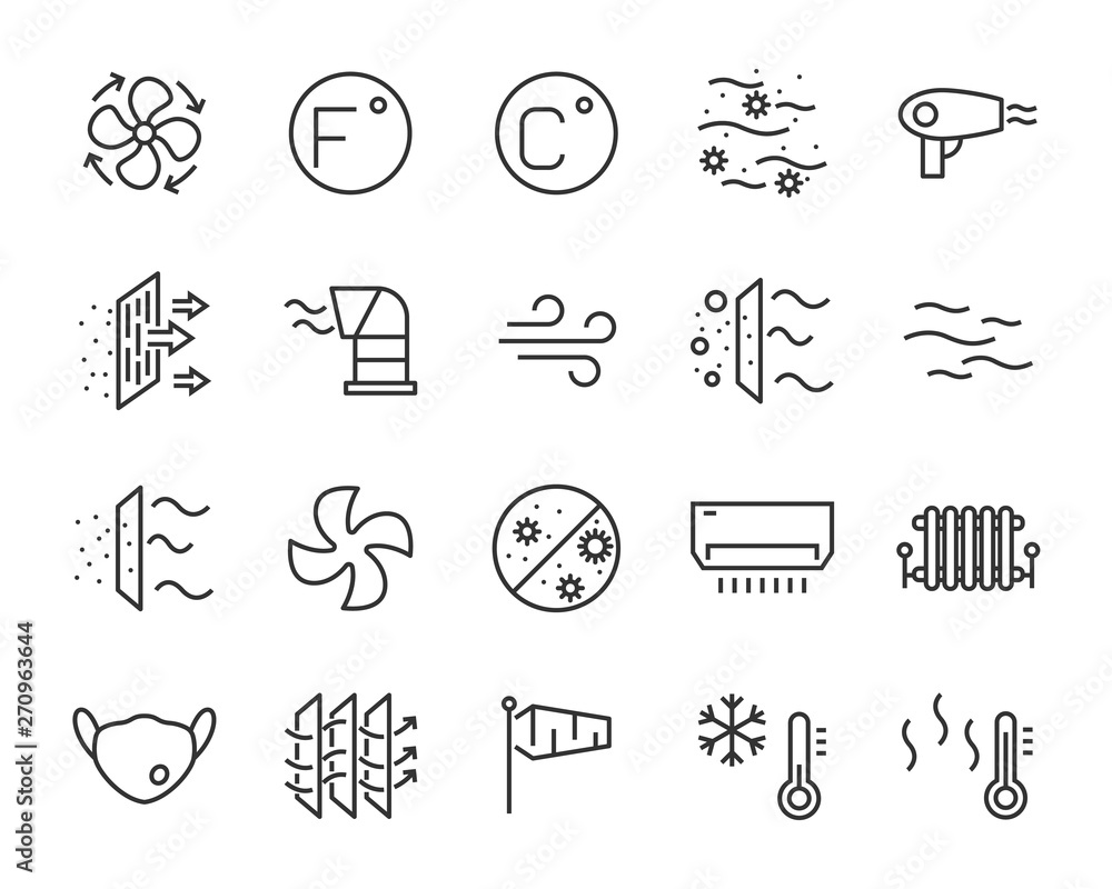 set of air icons, such as air filter, temperature, air purifier, dust ...