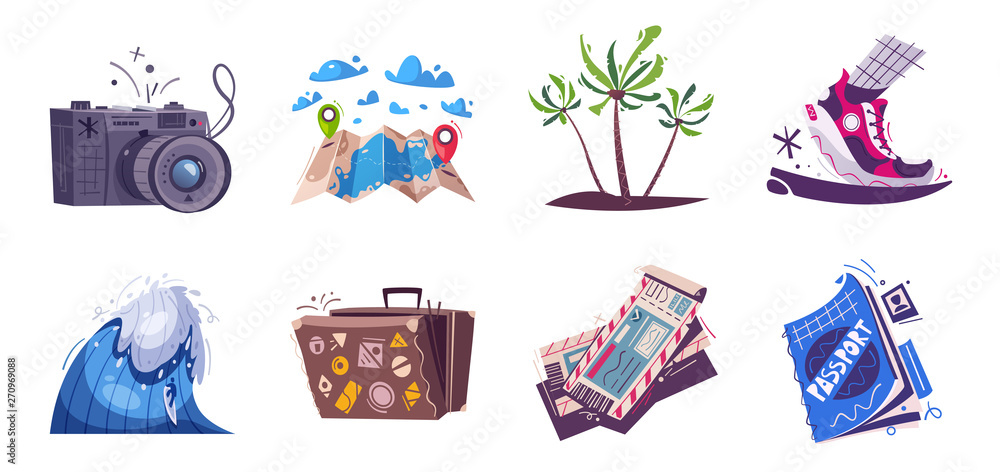 Travel icons. Cartoon vector illustration. Set of stickers Stock Vector ...