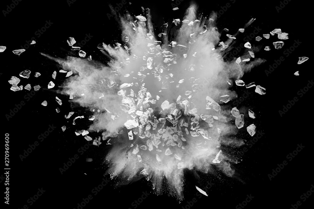 Gray rocks splatter in white powder background. Split debris of stone ...