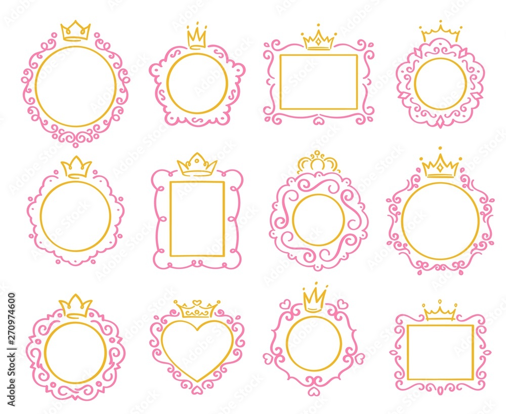 Princess frame. Cute crown border, royal mirror frames and majestic ...