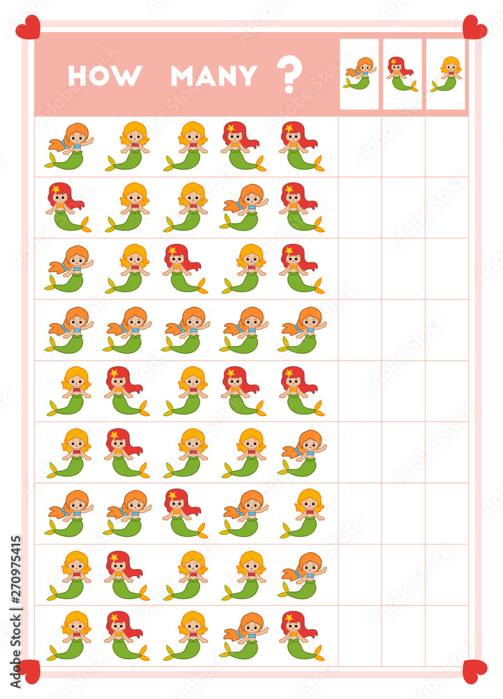 Counting game, educational game for children. Count how many mermaids ...