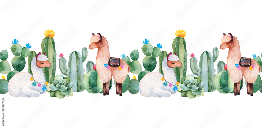 Lovely repeat border with green watercolor cactus,succulents,flowers ...