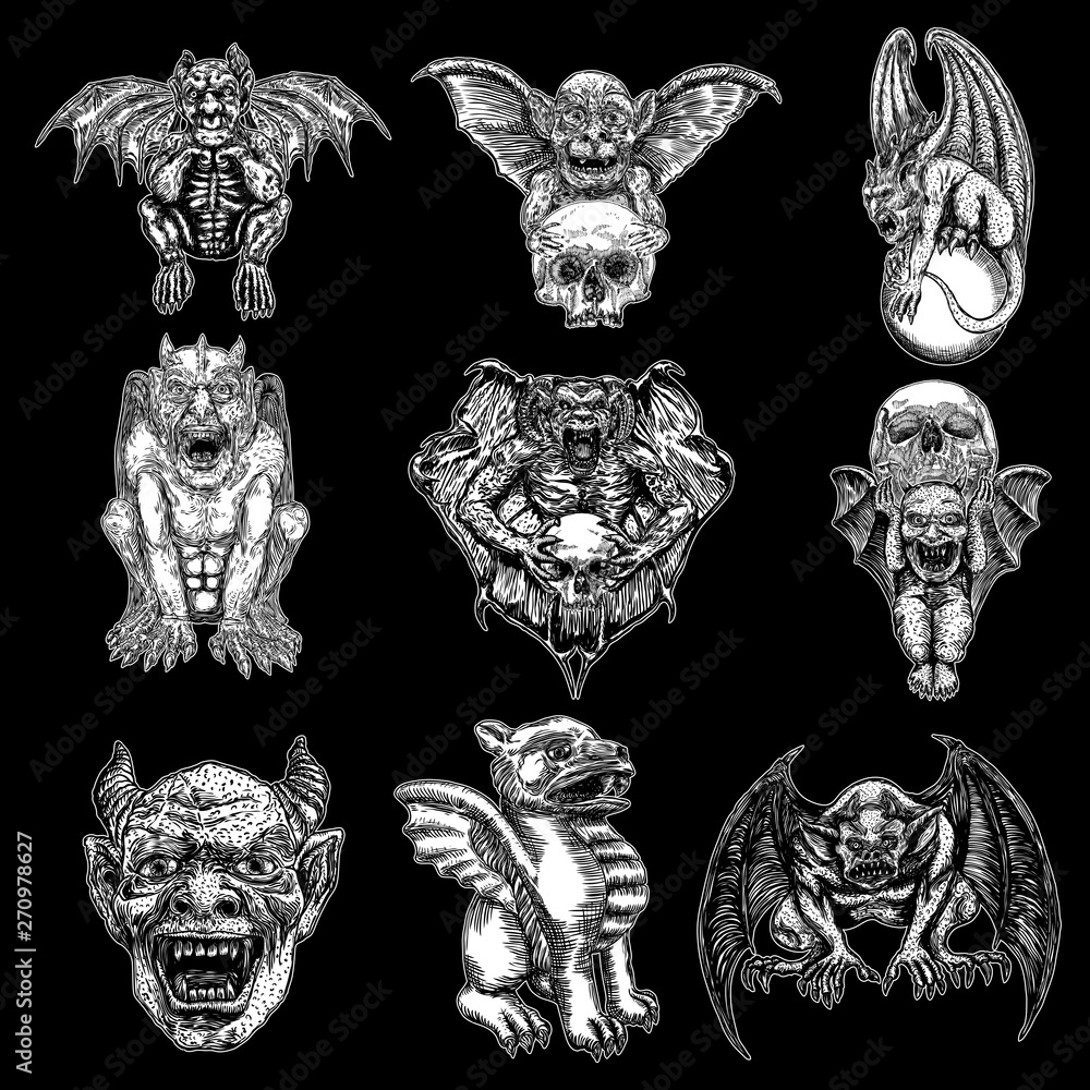 Set of gargoyle in sitting aggressive position to attack. Human and ...