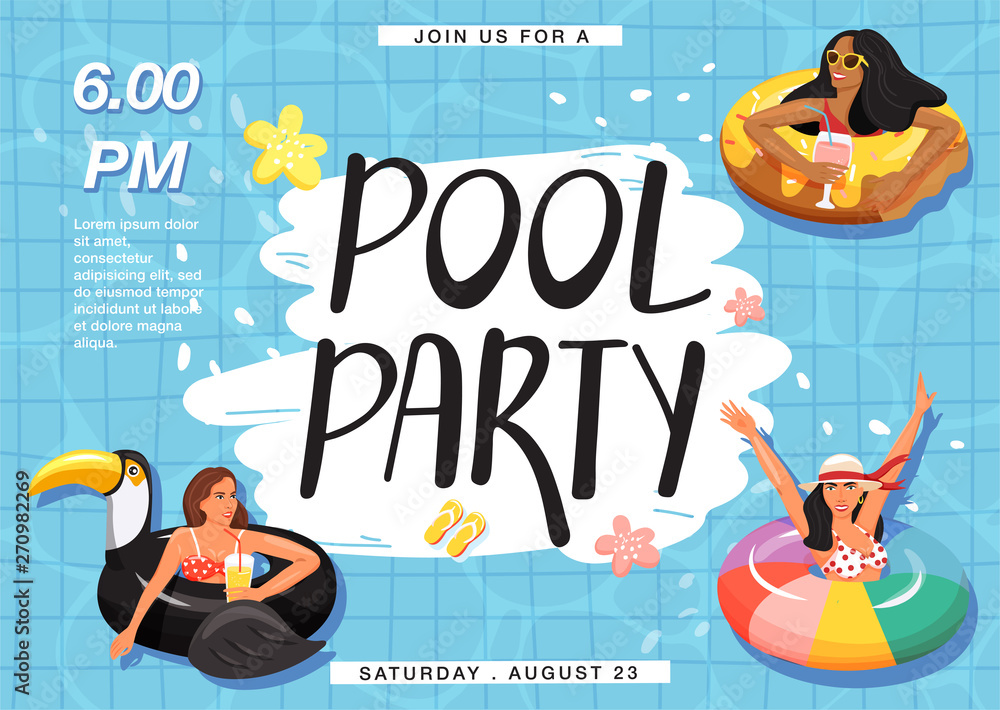 Pool party invitation banner. Women floating and sunbathing on ...