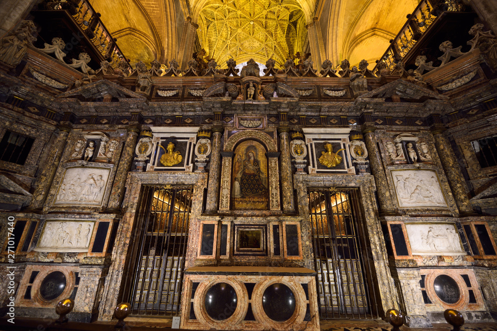 Ornate retrochoir behind the high altar in the Seville Cathedral Stock ...