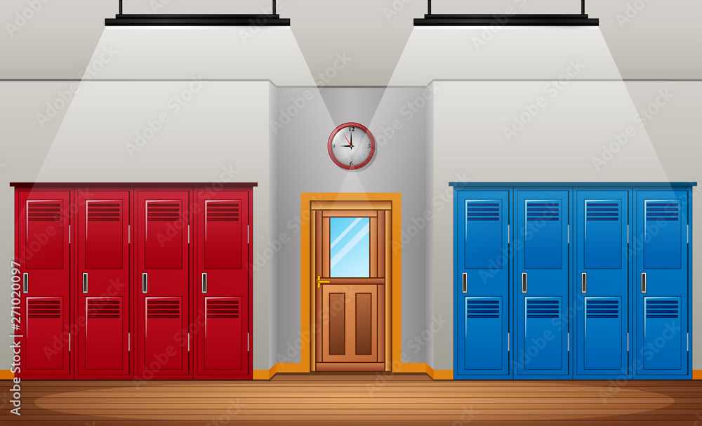 Locker room of gym or school sport changing room and entrance door ...