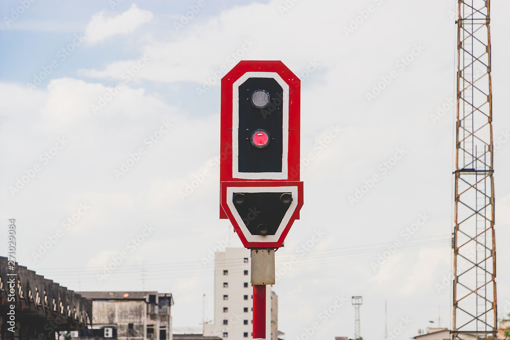 Traffic light with a red signal on railway. Traffic light train. Red ...