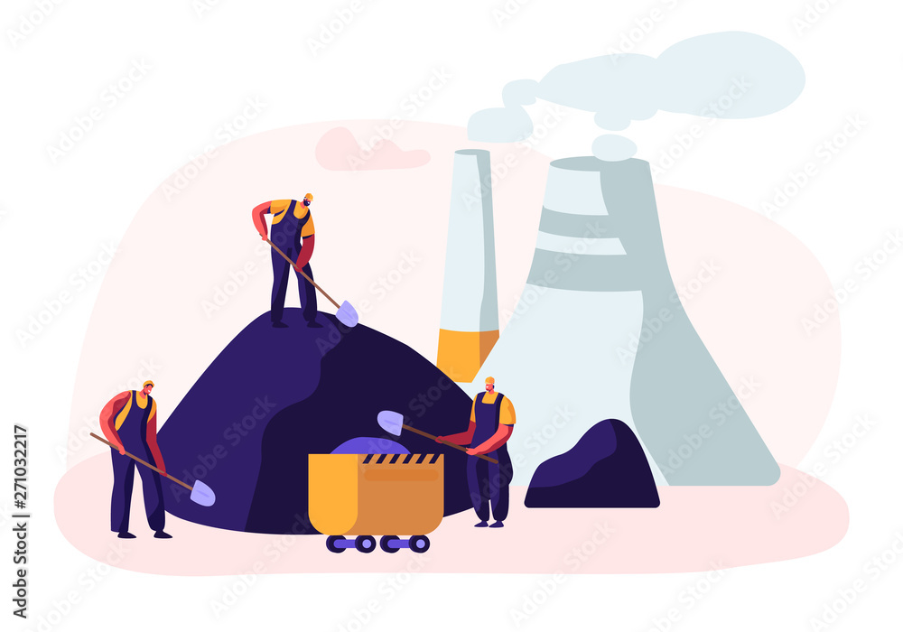 Coal Mining. Miner Characters Work on Quarry with Tools, Transport and ...