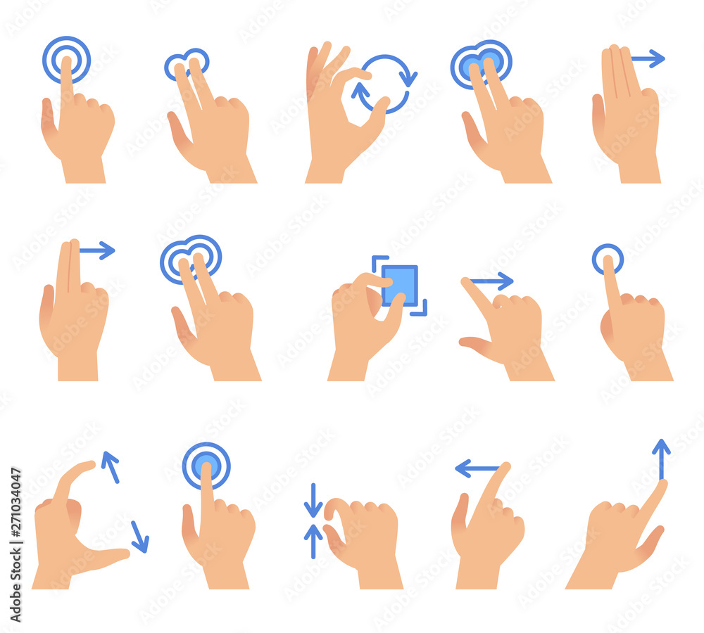 Touch screen hand gestures. Touching screen devices communication, drag ...