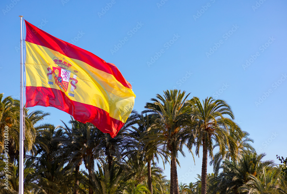 A big spanish flag is blowing in the wind in the city Elche in sunshine ...