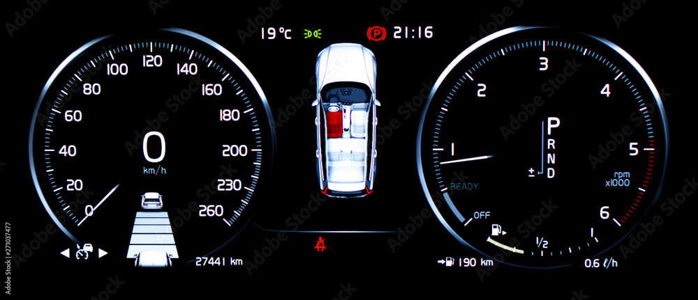 Car dashboard panel with speedometer, tachometer, odometer, fuel gauge ...