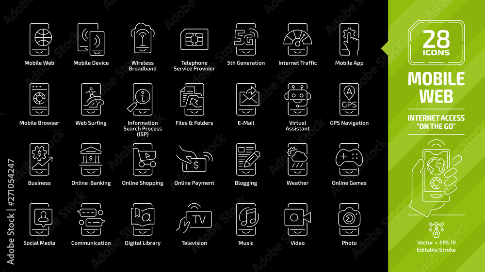 Mobile web icon set on a black background with internet access "on the ...