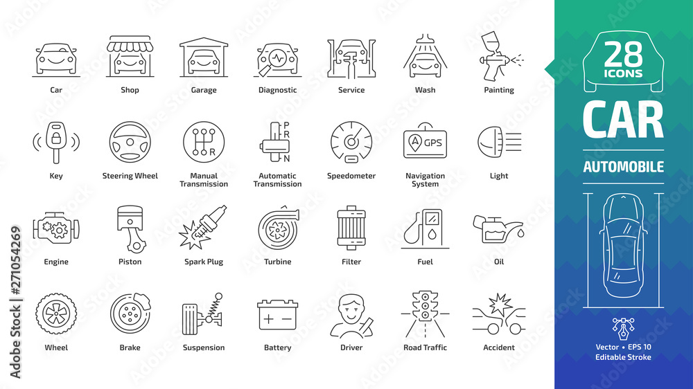 Car outline icon set with basic automotive symbols: automobile, auto ...