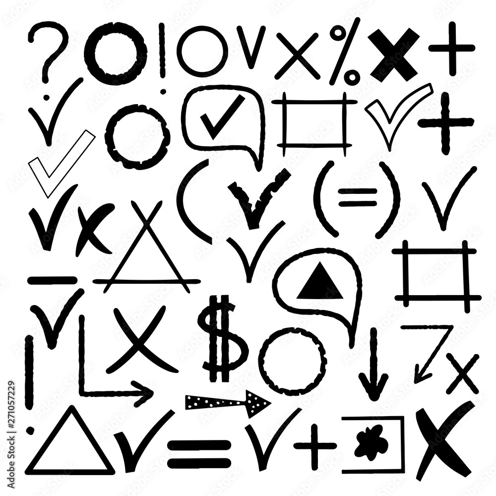 Hand drawn sketch marker icon, symbol, signs, arrows, check mark, tick ...