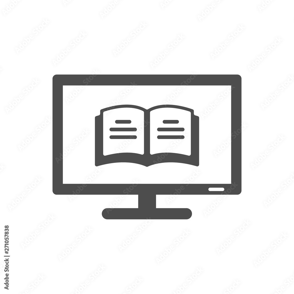 eBook on computer monitor. open book with lines on monitor vector icon ...