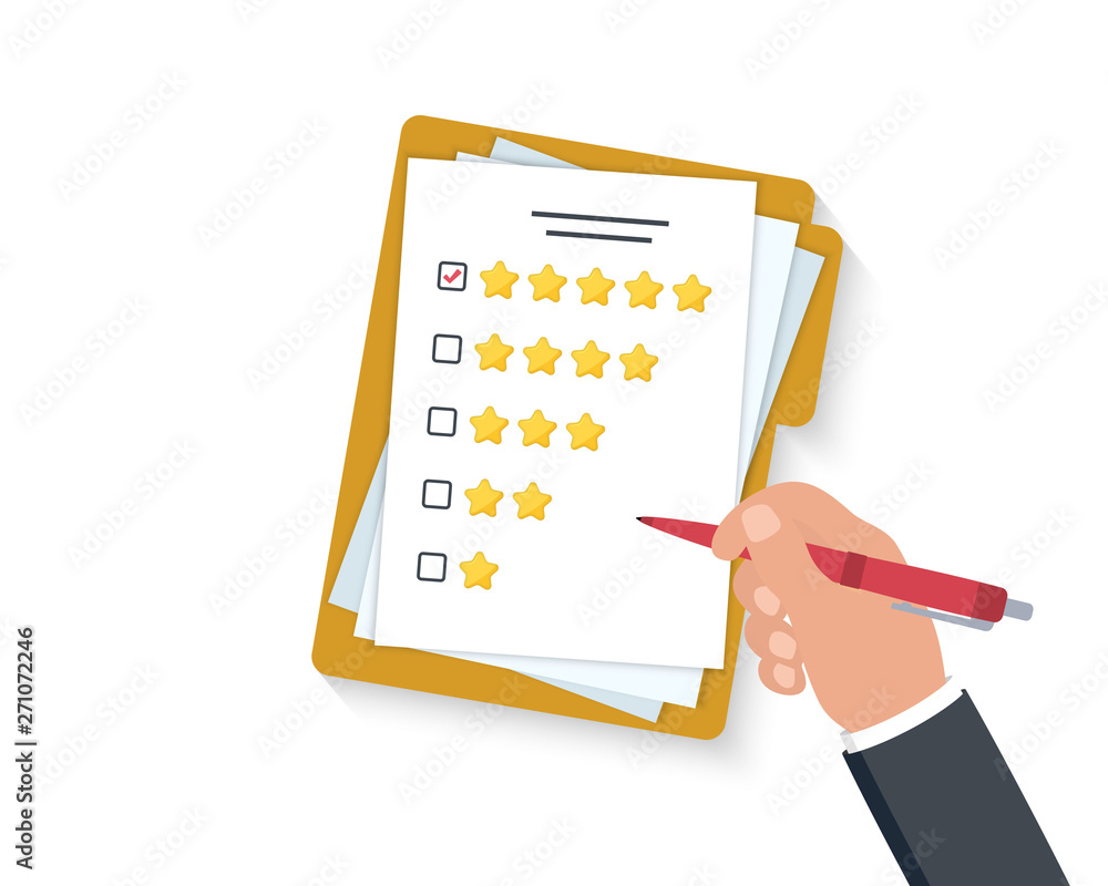 Customer satisfaction. Hand holding clipboard with rating stars and pen ...