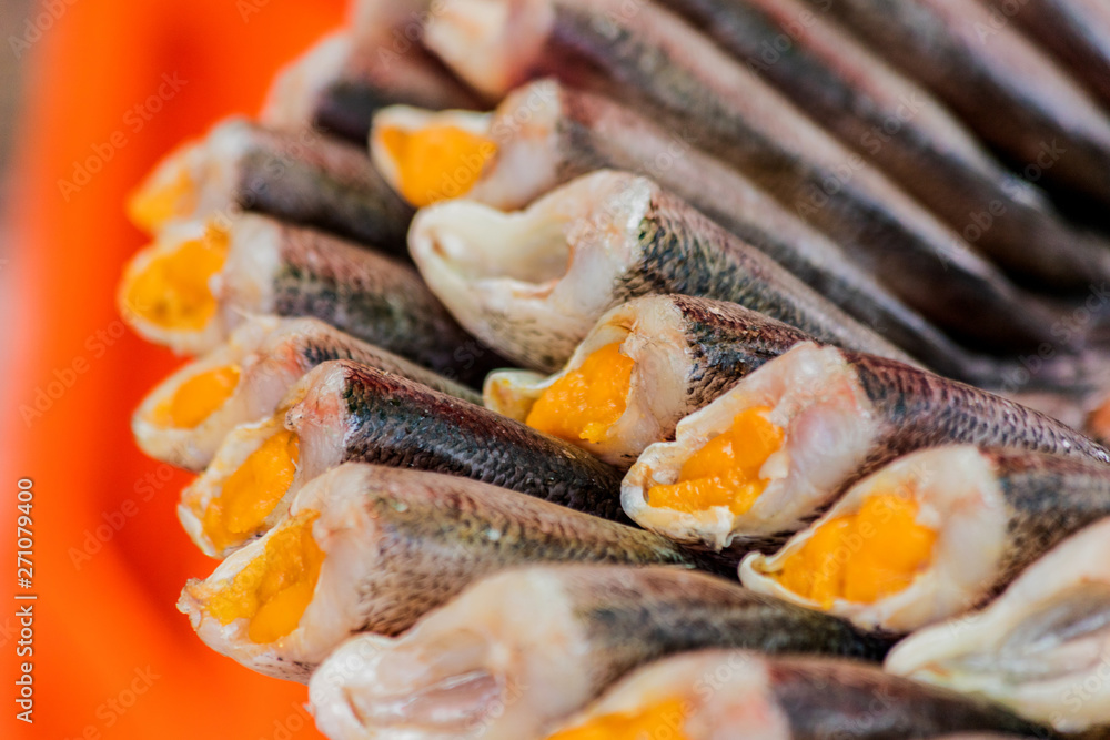 Pile of Dried Trichogaster pectoralis fish close up Stock Photo | Adobe ...