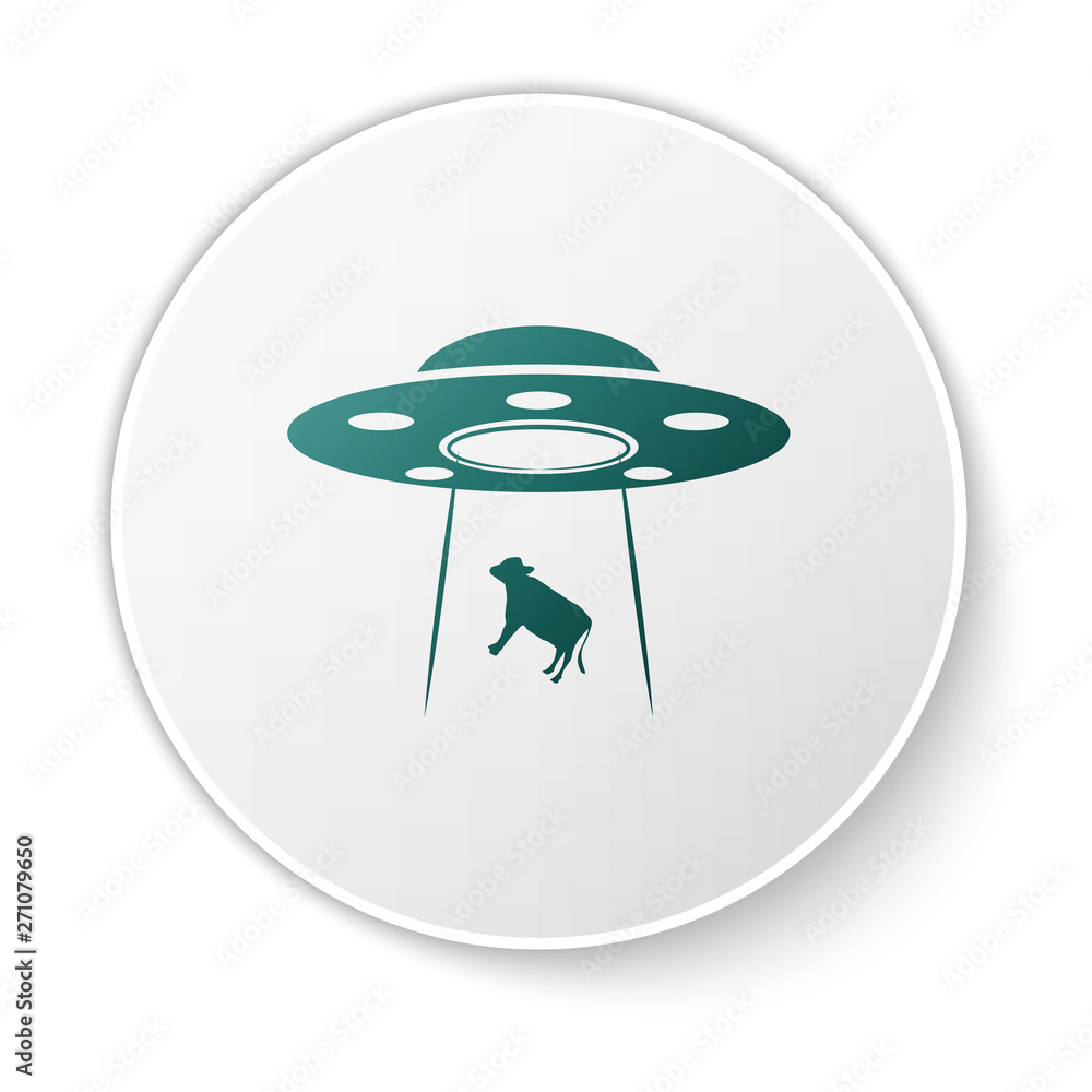 Green UFO abducts cow icon isolated on white background. Flying saucer ...