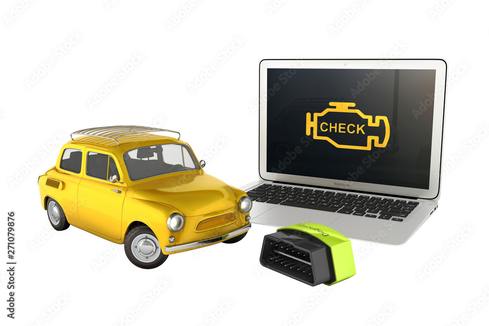 Car diagnostic concept Close up of laptop with OBD2 wireless scanner ...