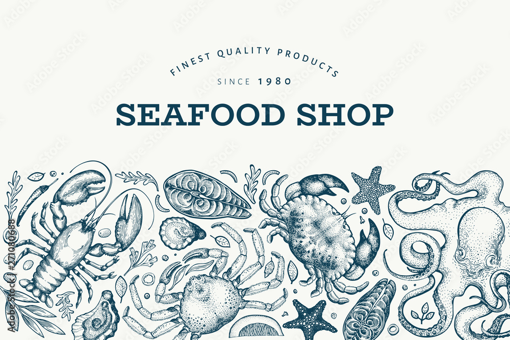 Seafood and fish design template. Hand drawn vector illustration. Food ...