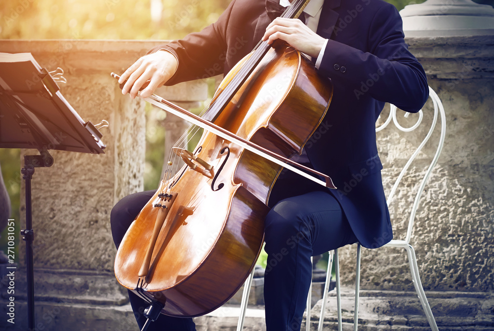 Musician in a black suit sitting on a white elegant chair on the ...