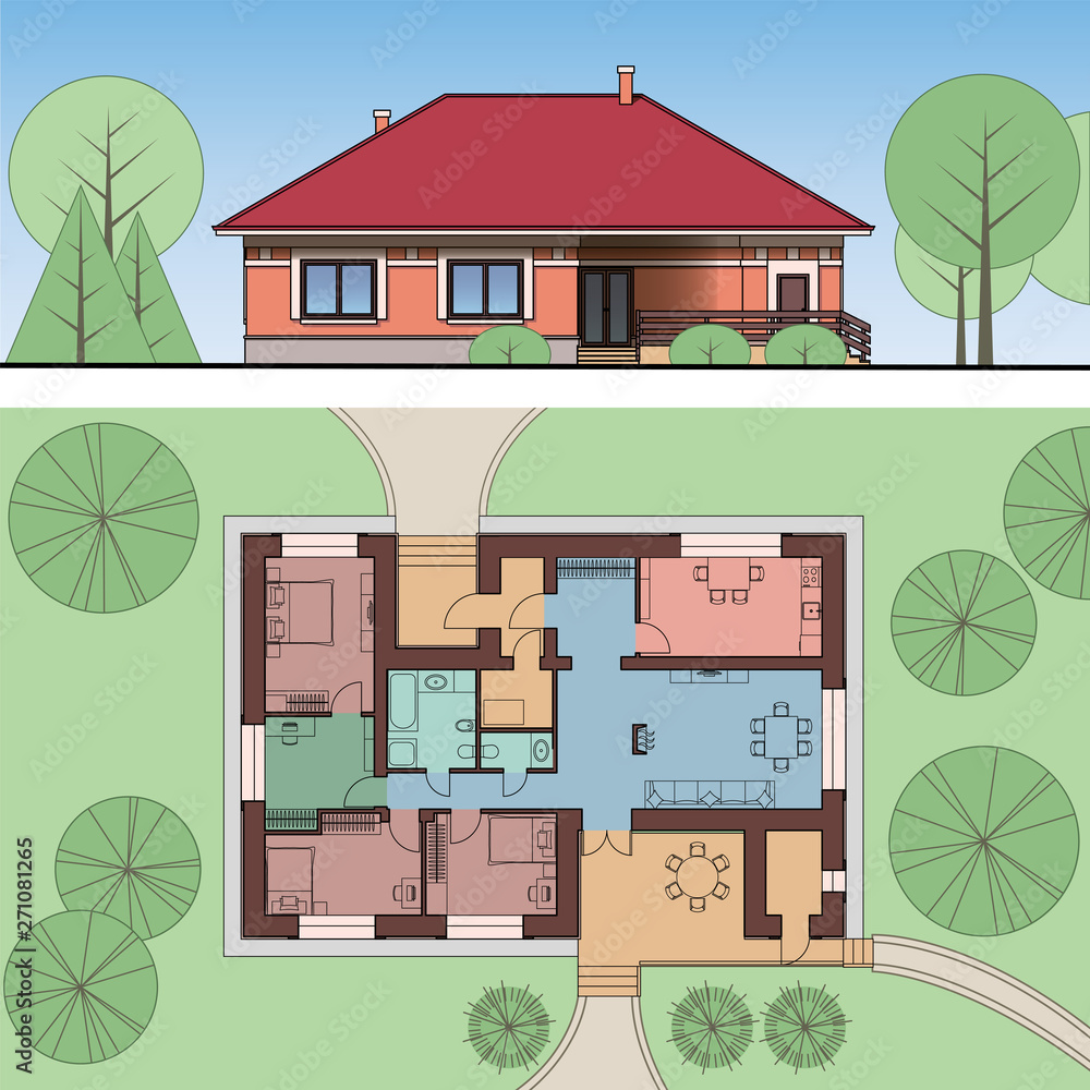 Architectural facade and plan of a house on the land. Views of single ...