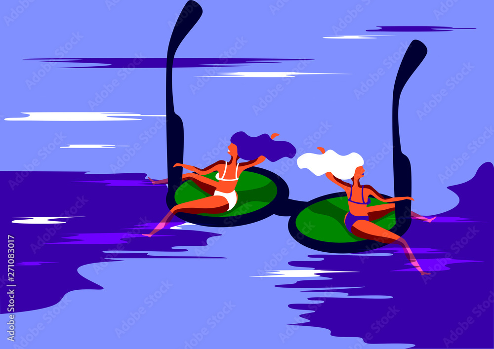 Two young woman floating on sunglesses on the water surface water.Top ...