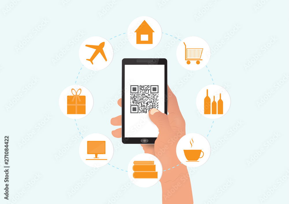 Hand holding smartphone with qr code and icons, business technology ...