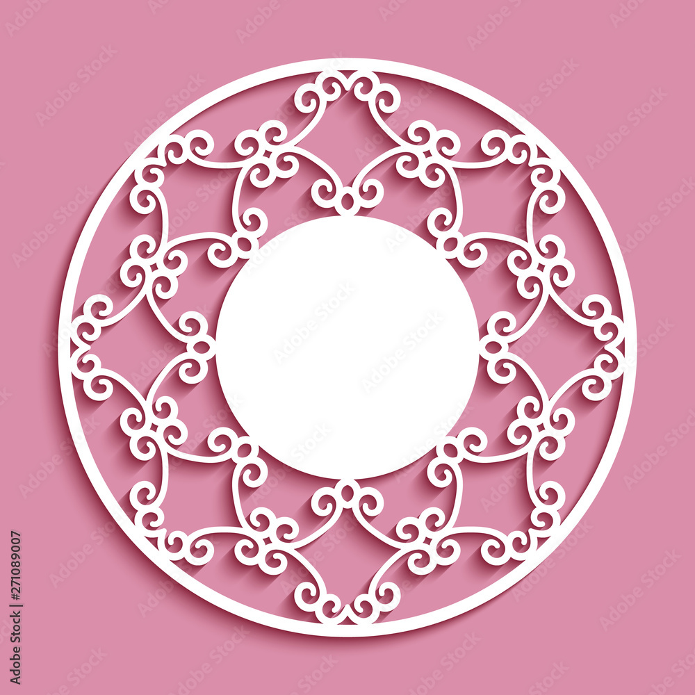 Round label with swirly ornamental border, cutout paper circle pattern ...
