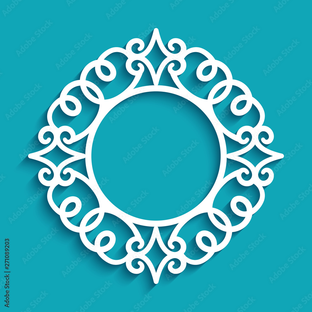 Round frame with swirly ornamental border. Cutout paper label with ...