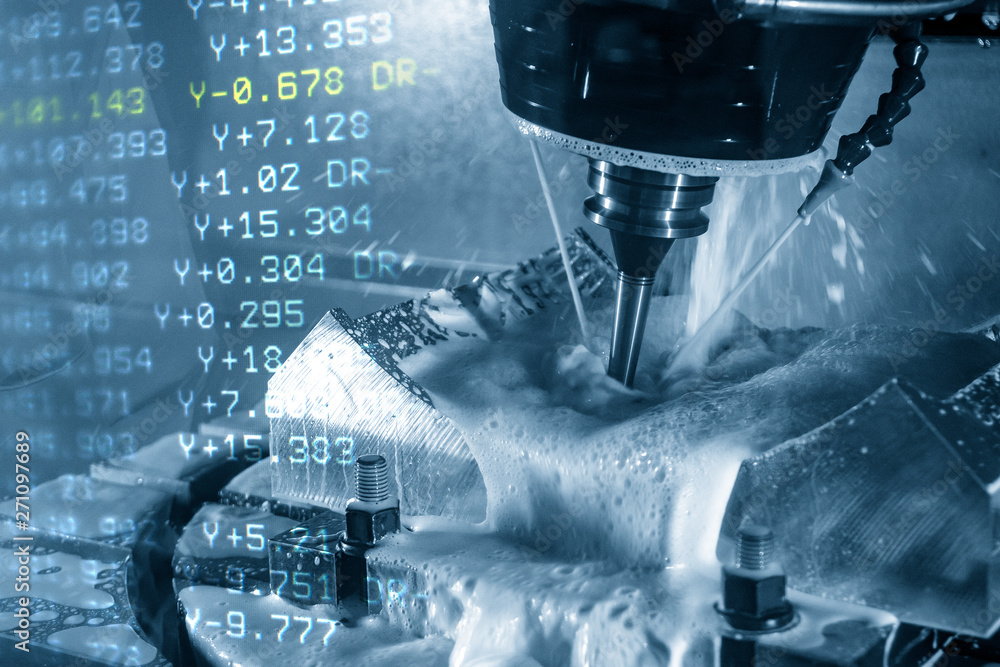 The abstract scene of the 5-axis CNC machining center and the G-code ...