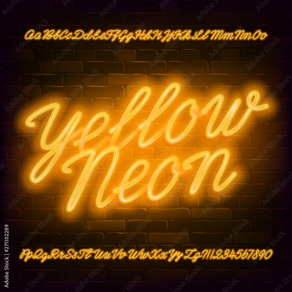 Yellow Neon script alphabet font. Neon color lowercase and uppercase ...