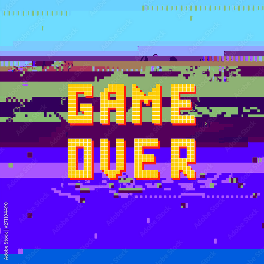 Retro Pixel Game Over Sin on Glitch Blue Banner. Gaming Concept. Video ...