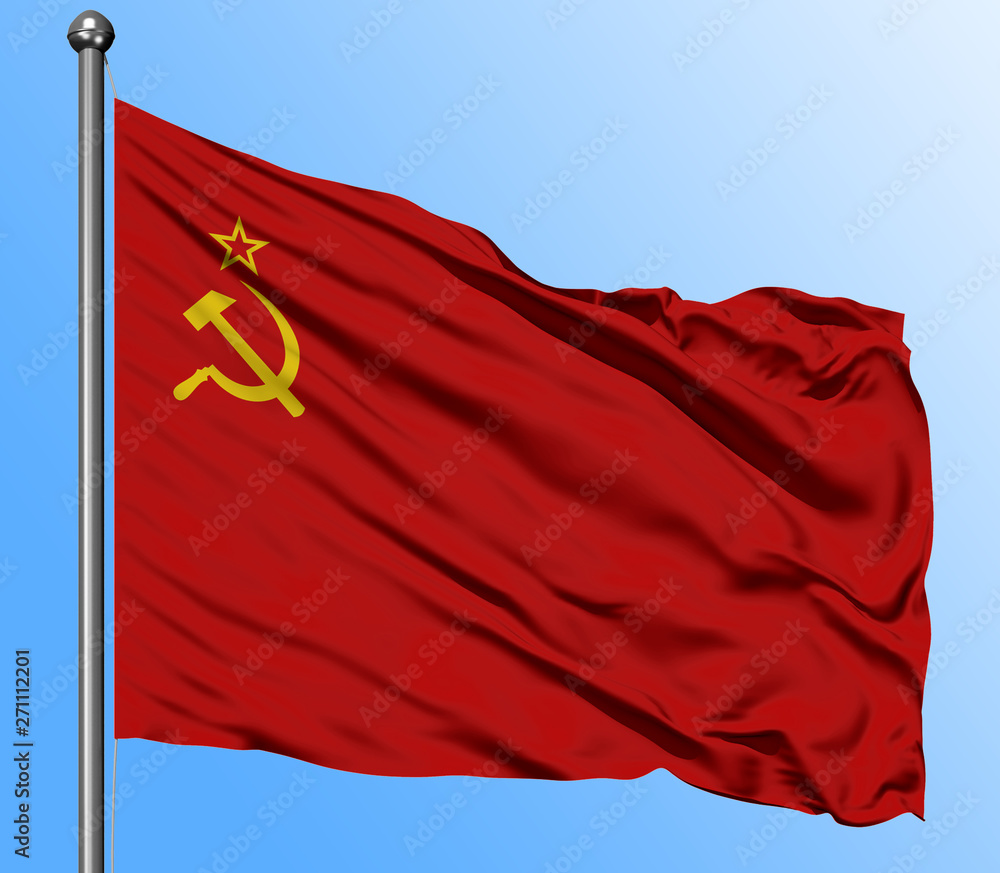 Soviet Union flag waving in the deep blue sky background. Isolated ...