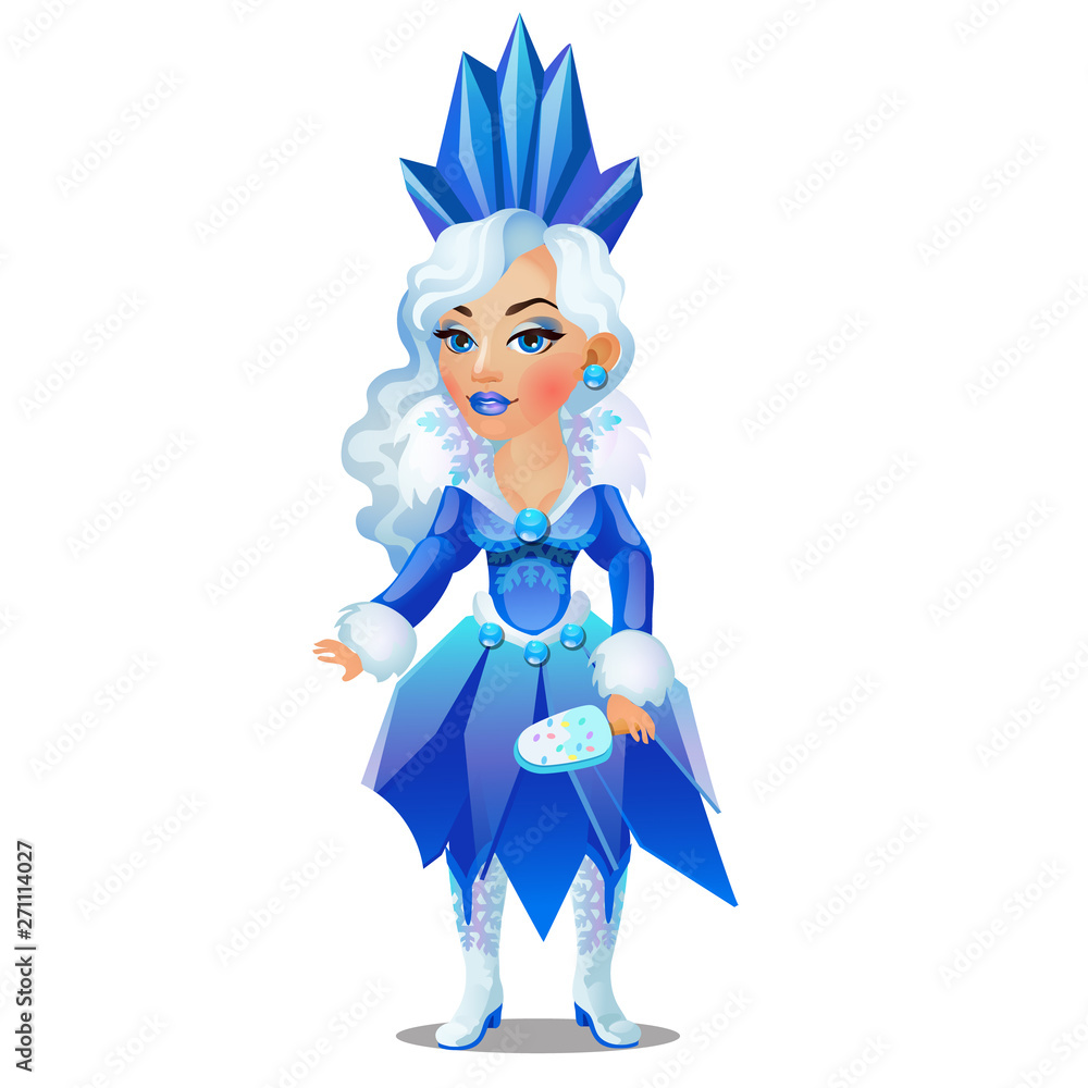 Beautiful young blonde blue-eyed animated girl snow maiden with ice ...