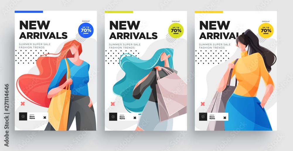 Urban shopping girls banner or poster set. Fashion girls with shopping ...