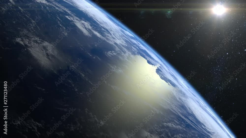 Earth from space. The camera flies away from the Earth. Stars twinkle ...