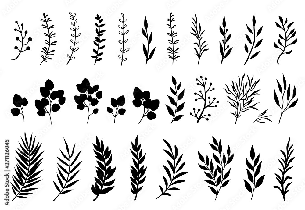 Set of hand drawn tree branches and leaves Stock Vector | Adobe Stock