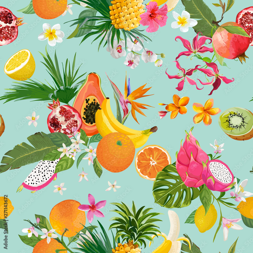 Seamless pattern with tropical fruits and flowers. Banana, Orange ...