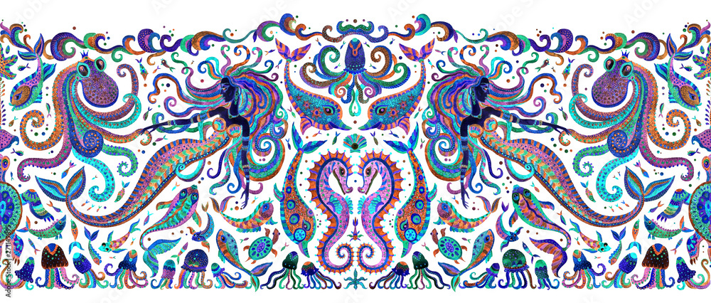 Seamless border pattern of colorful hand painted fairy tale sea animals ...