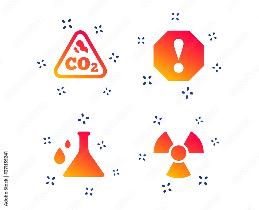 Attention and radiation icons. Chemistry flask sign. CO2 carbon dioxide ...