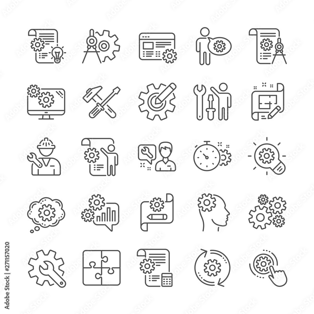 Engineering line icons. Set of Dividers tools, Idea bulb and Blueprint ...