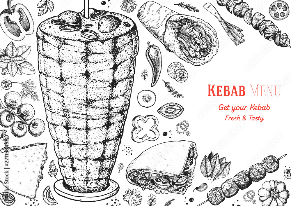 Doner kebab cooking and ingredients for kebab, sketch illustration ...