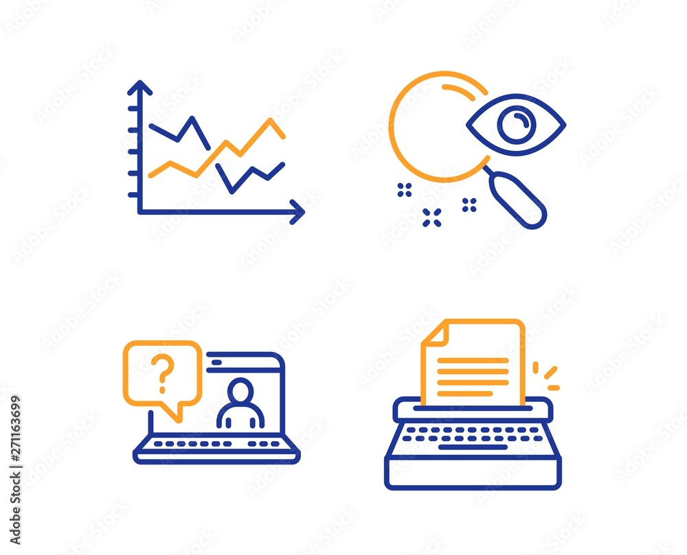 Diagram chart, Search and Faq icons simple set. Typewriter sign ...